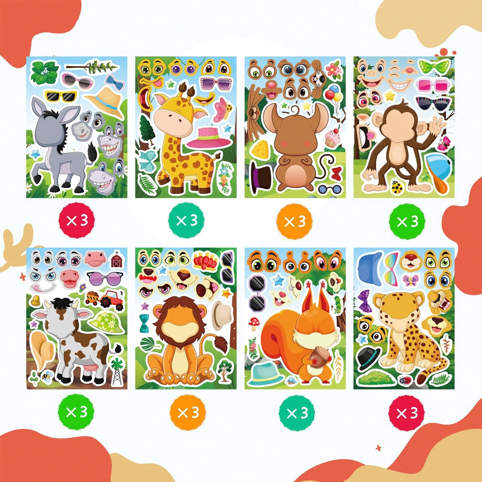 24 Sheets Animal Stickers, Make-A-Face Stickers, Make Your Own Animal ...