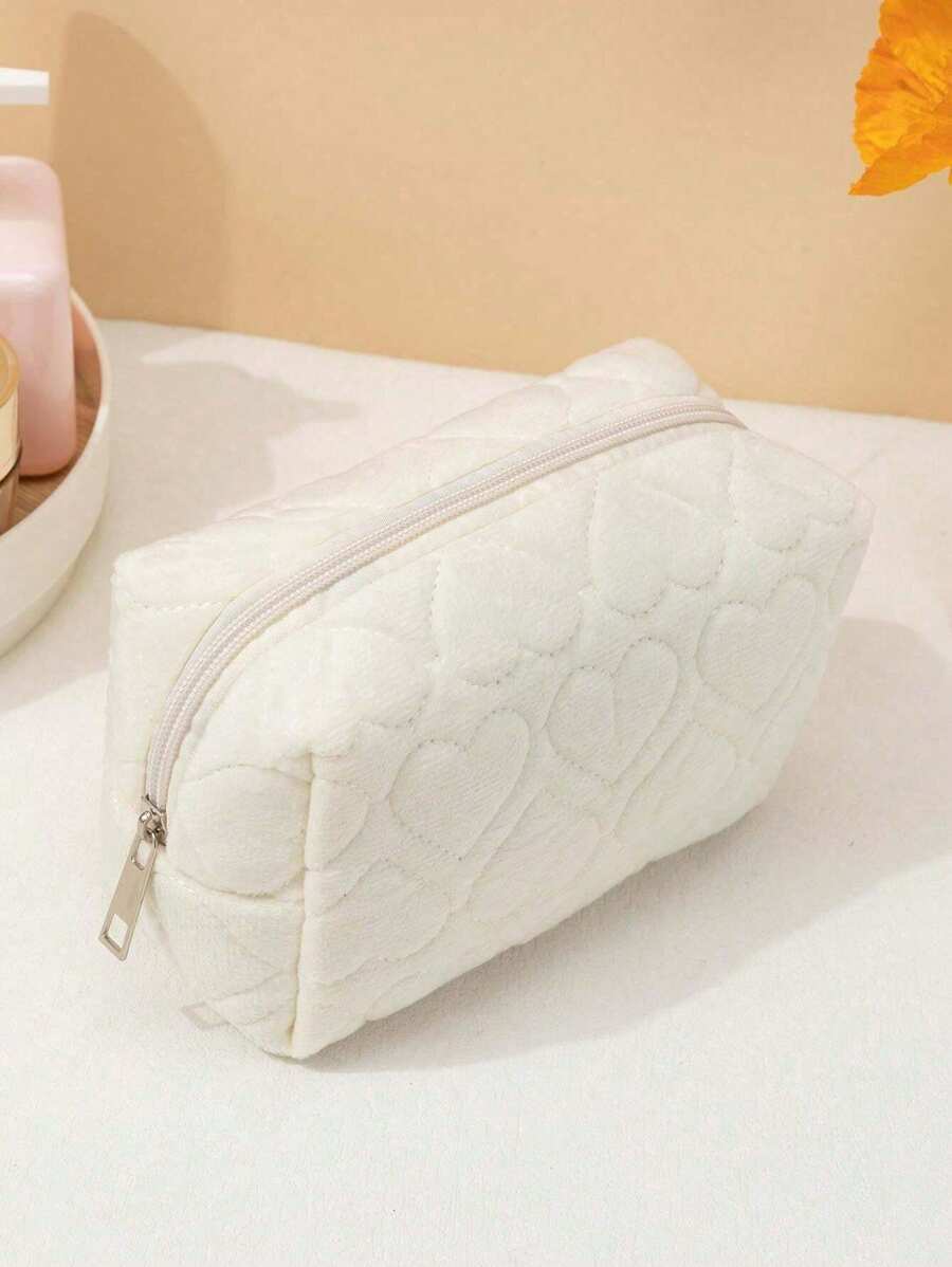 1pc Heart Quilted Square Makeup Bag, Heart Embossed Makeup Bag ...