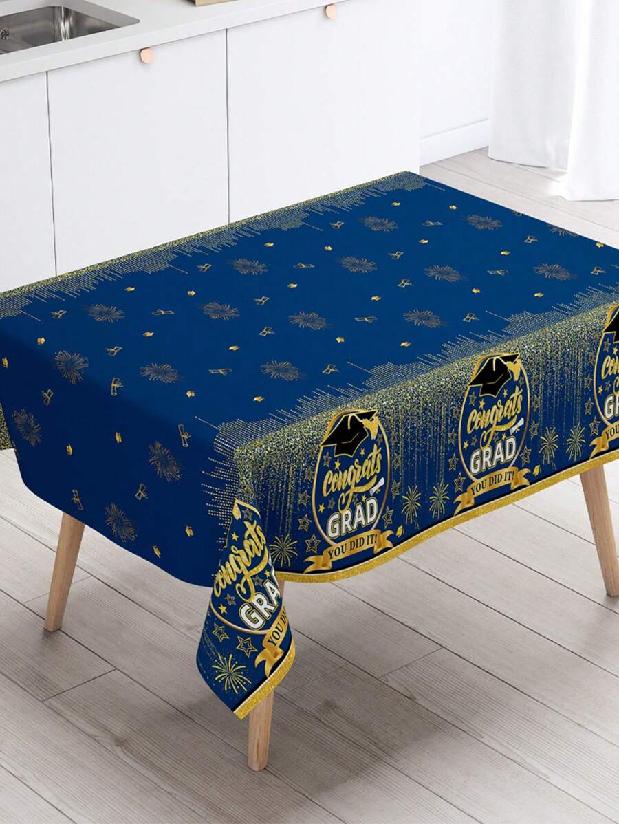 1pc 220*130cm Black And Gold Graduation Theme Disposable Tablecloth ...