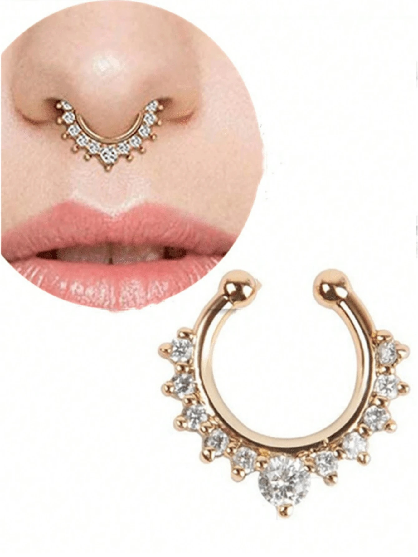 1pc Double Row Crystal Nose Clip-On Ring With Horseshoe Shaped ...