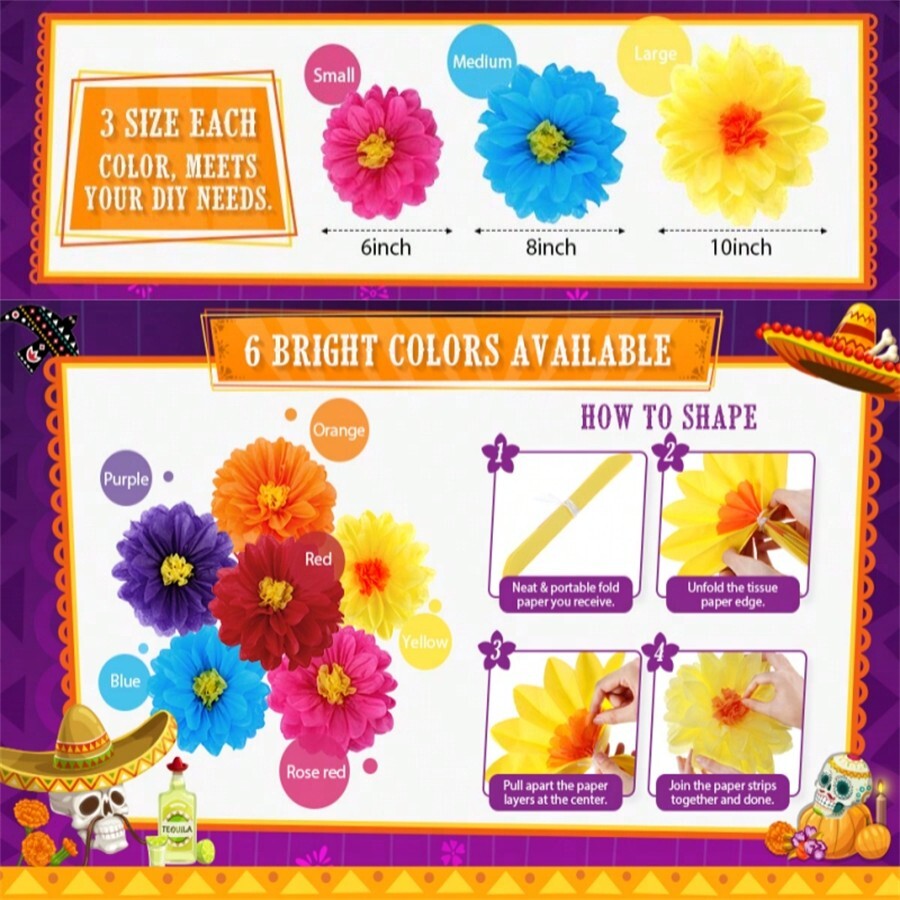 6 Pieces Mexican Paper Flowers Colorful Fiesta Paper Flowers Tissue ...