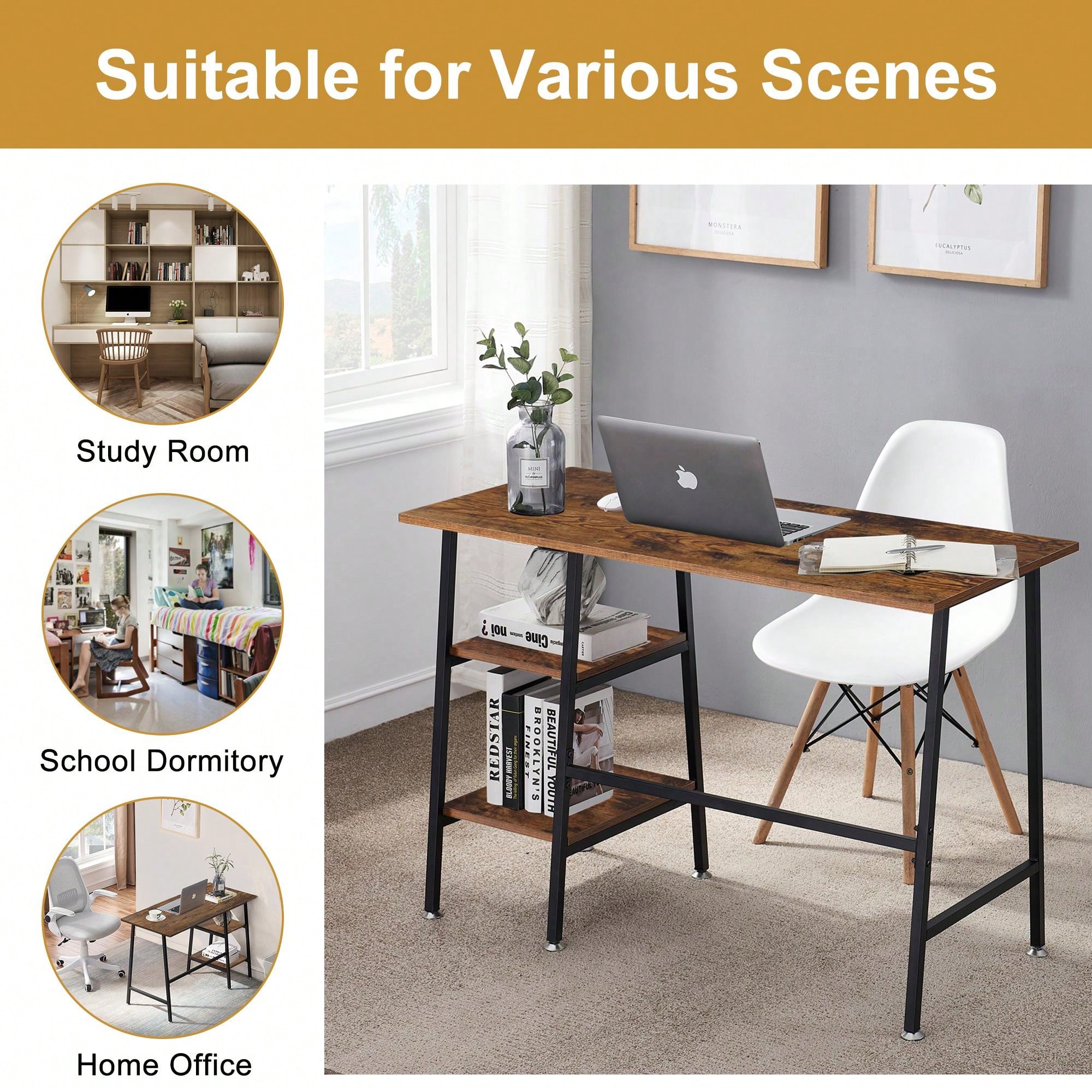 Modern Brown Desk With 2-Tier Removable Storage Shelves, Office ...