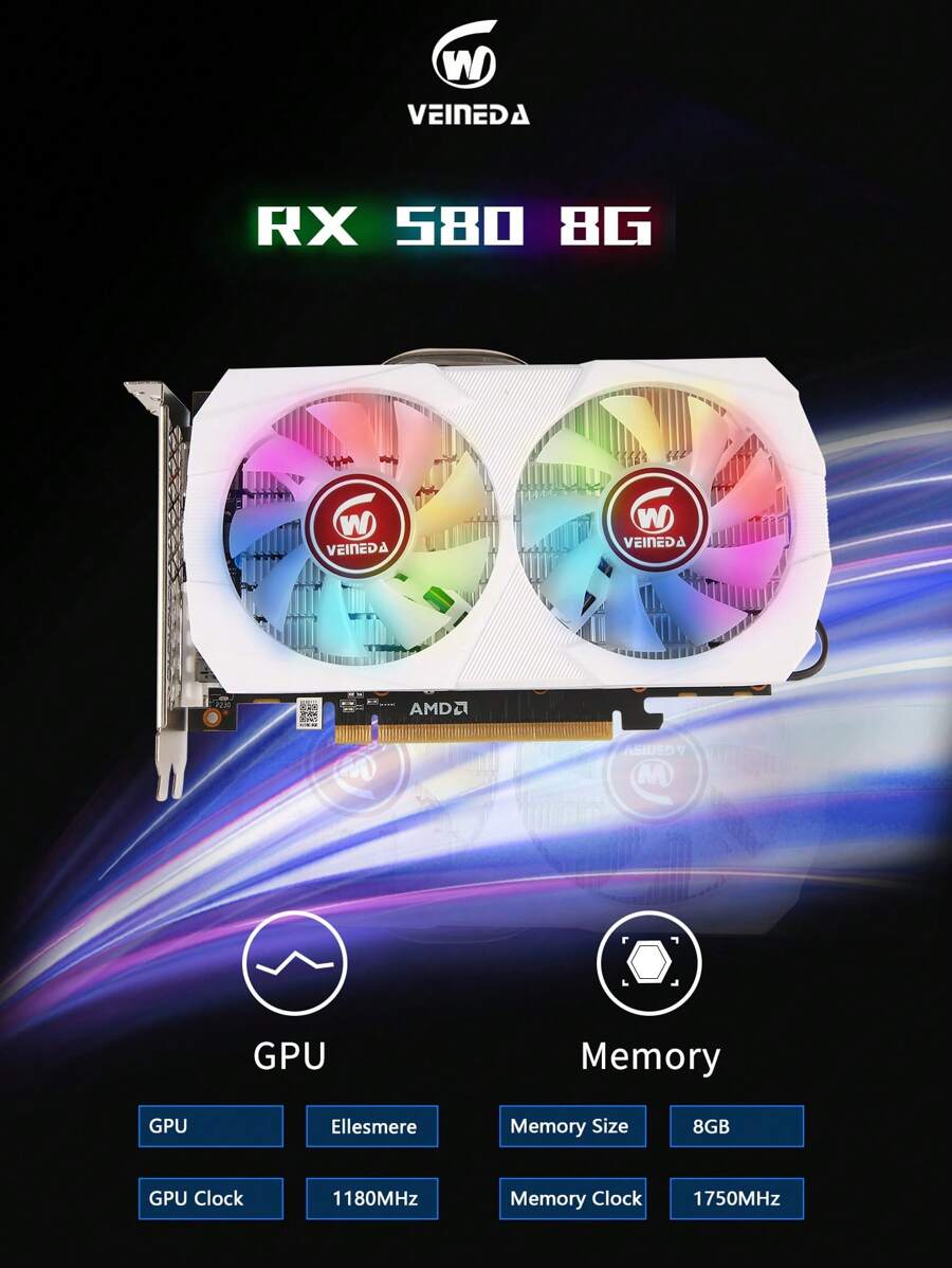 VEINEDA Graphics Card RX580 8GB DDR5 GPU Rx580 Video Card GDDR5 256Bit ...