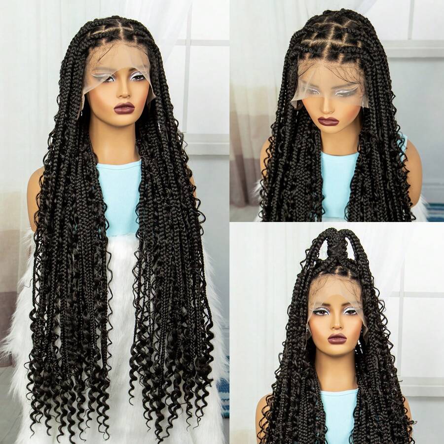 36" Boho Knotless Braided Full Lace Wigs For Women Curly Braided Lace ...