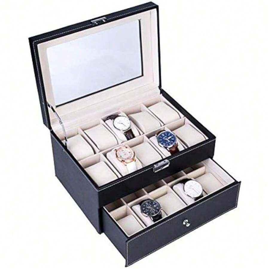 KWHSPKENG 20-Slot Watch Box Organizer, Dual Layers Elegant Wooden Watch ...