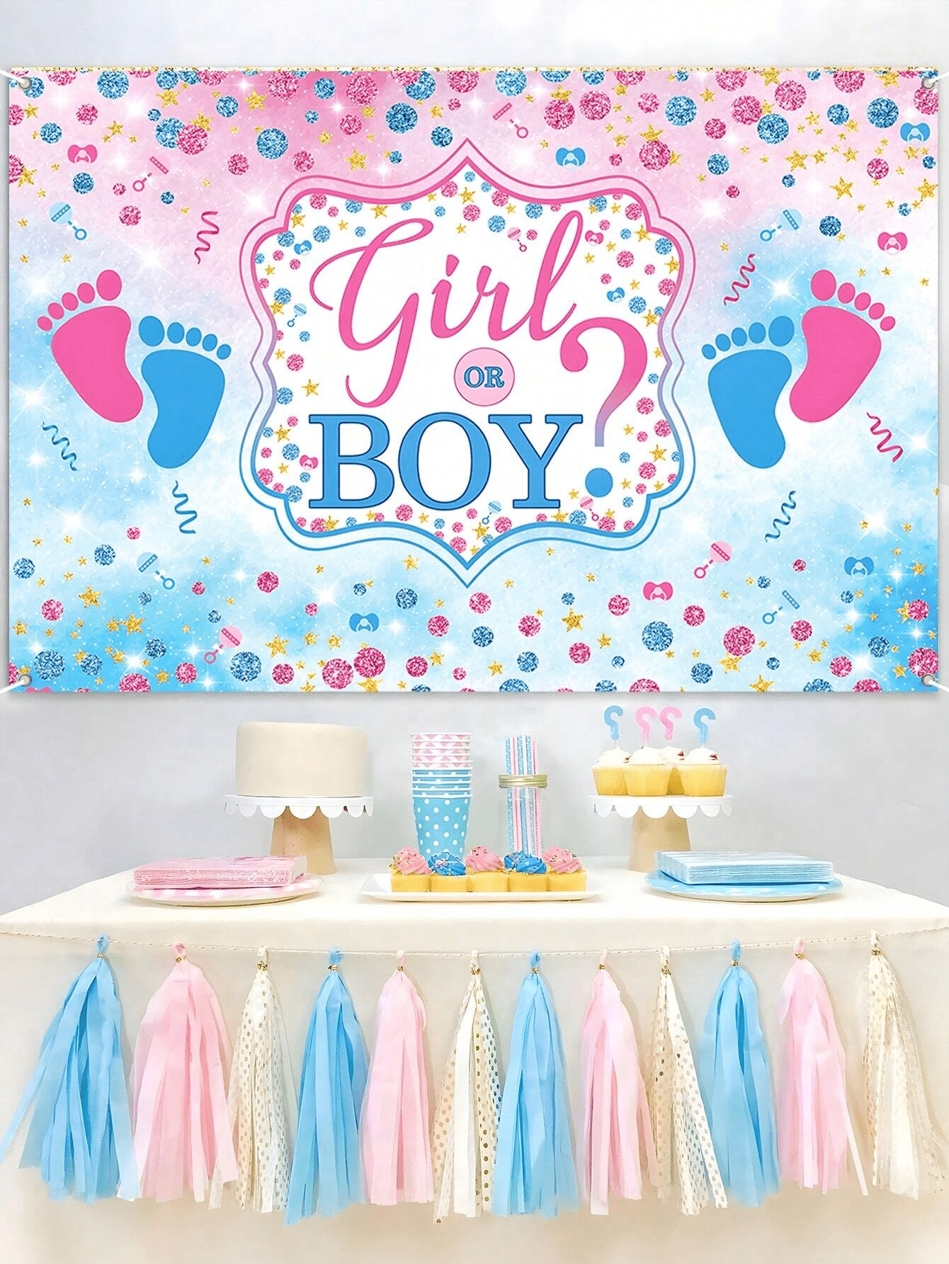 1pc Blue-Pink Baby Footprint Pattern Design Gender Reveal Background ...