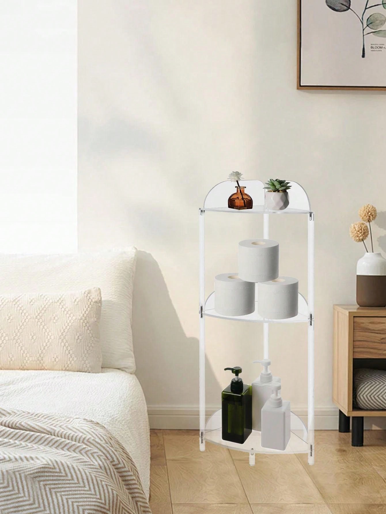 1set 3-Tier Corner Bathroom Shelf, Solid Wood & Acrylic Freestanding ...