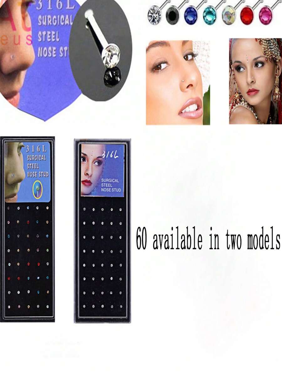 60pcs Universal Stainless Steel Nose Rings Body Piercing Jewelry Set In ...