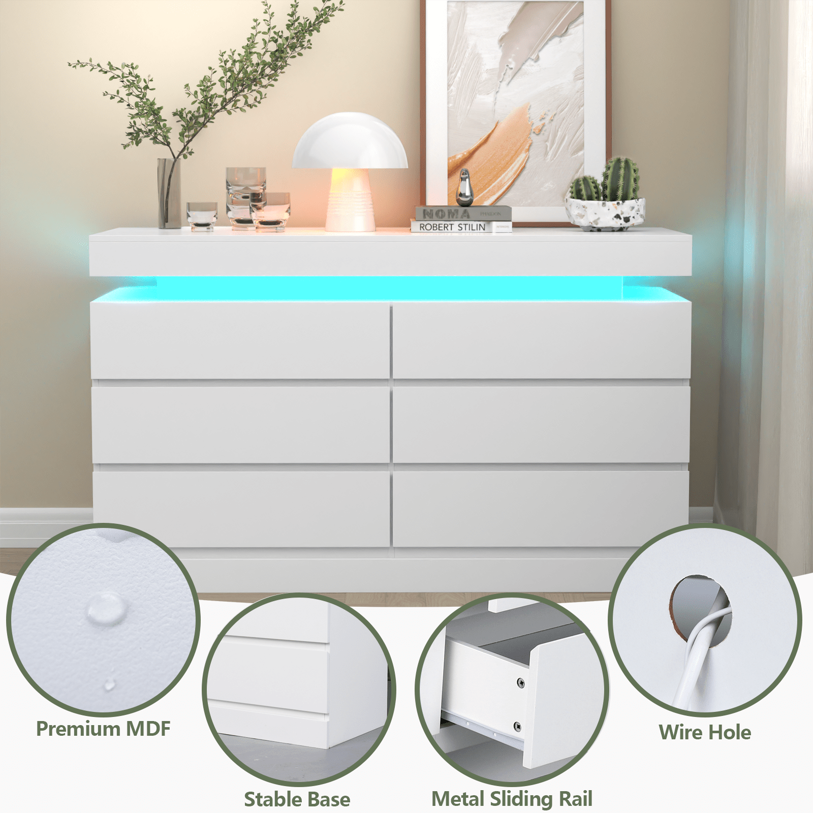 6 Drawer Dresser With Power Outlet, Dresser With LED Light, Modern ...