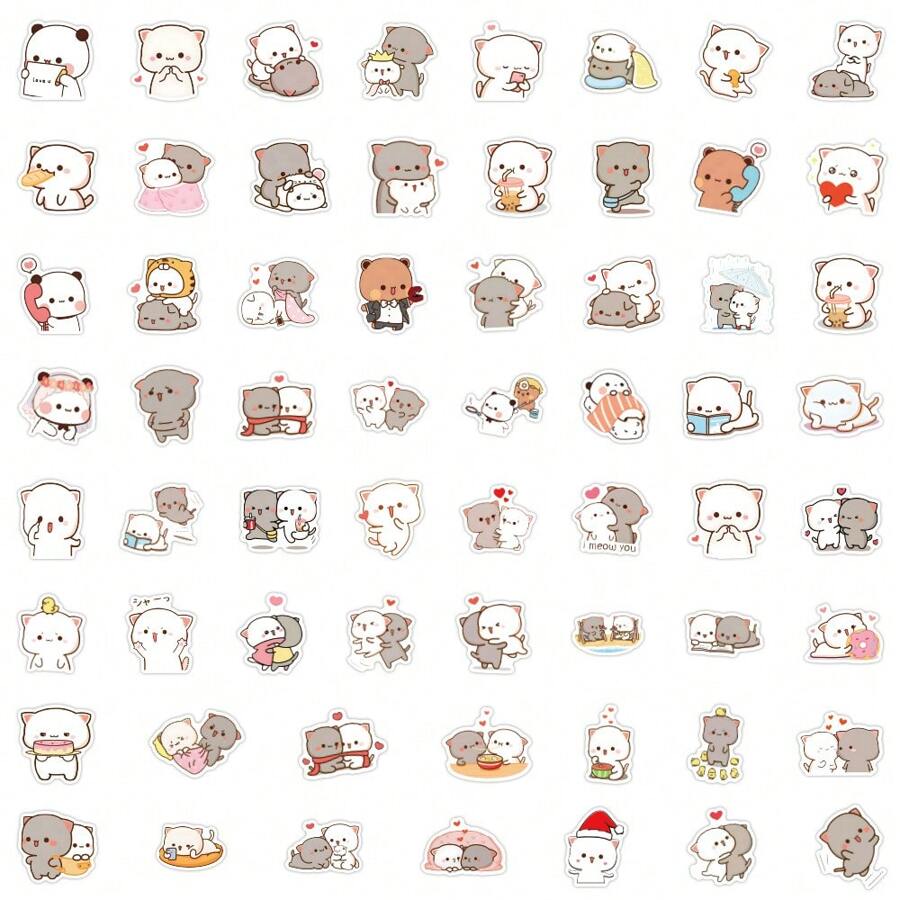 60pcs/Pack Peach Cat Meme Stickers, Cute Cartoon Animal Cat Aesthetic ...