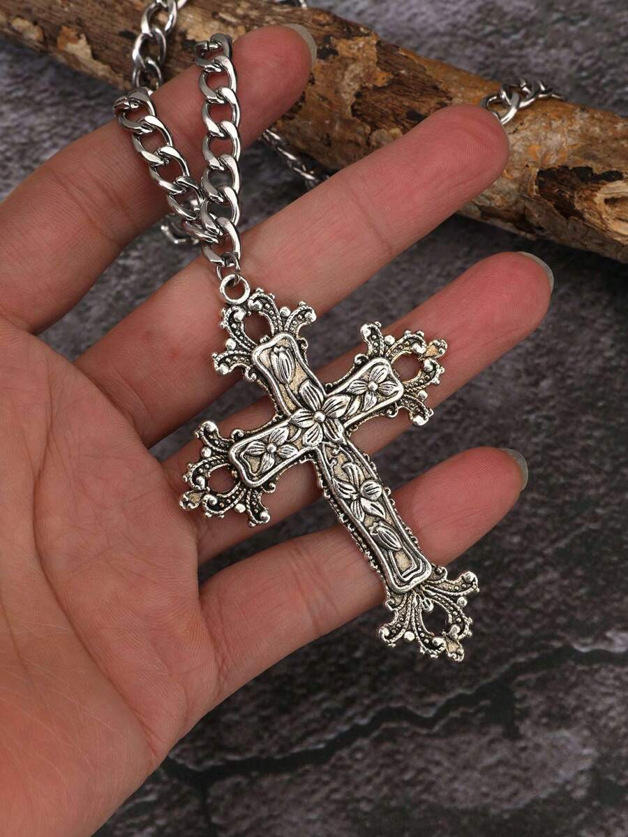 Vintage Gothic Style Big Cross Necklace, Floral Cross Necklace, Gothic ...