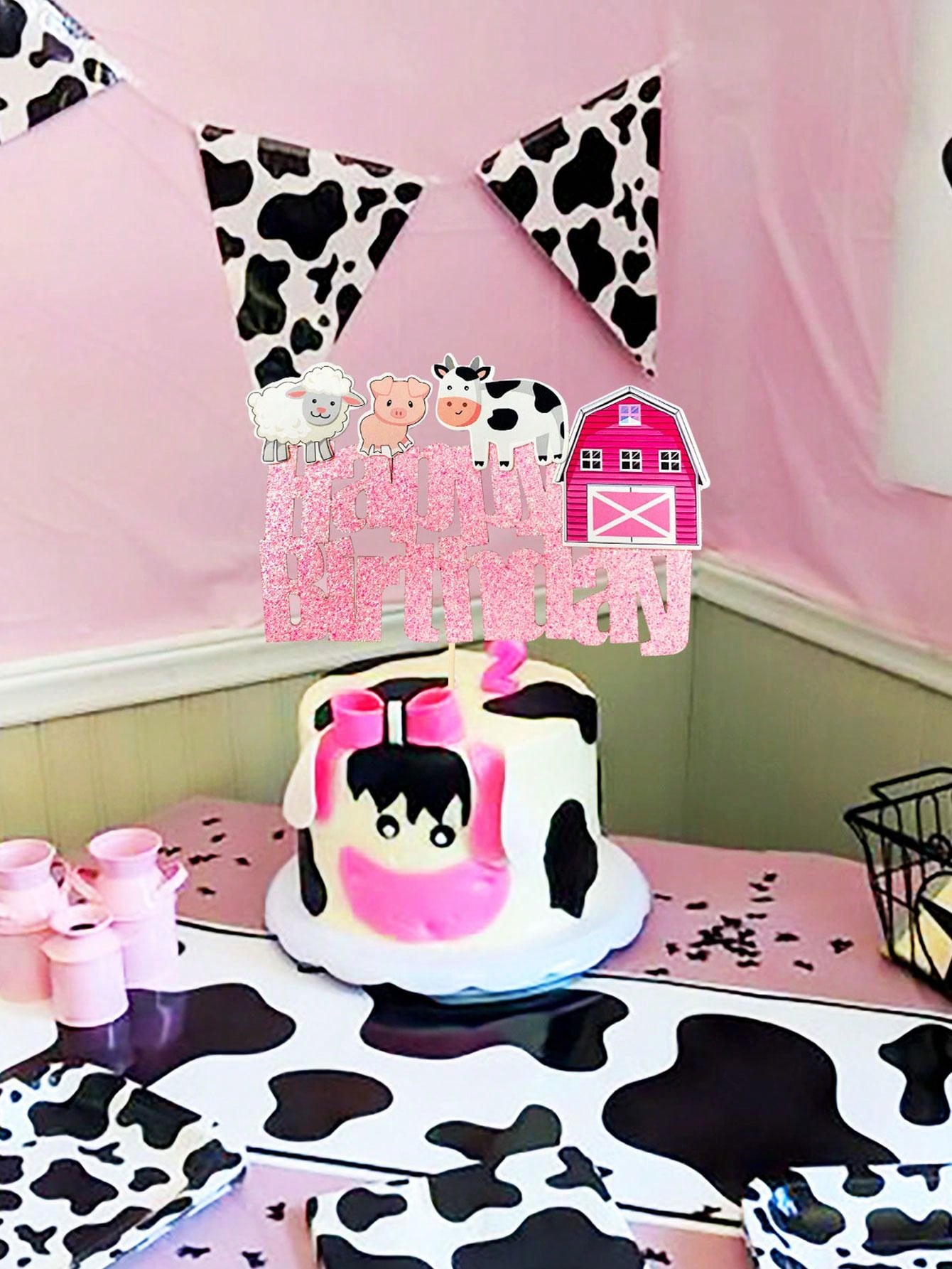 Decoración De Pastel De Cumpleaños De Animales De Granja Rosa Brillante ...