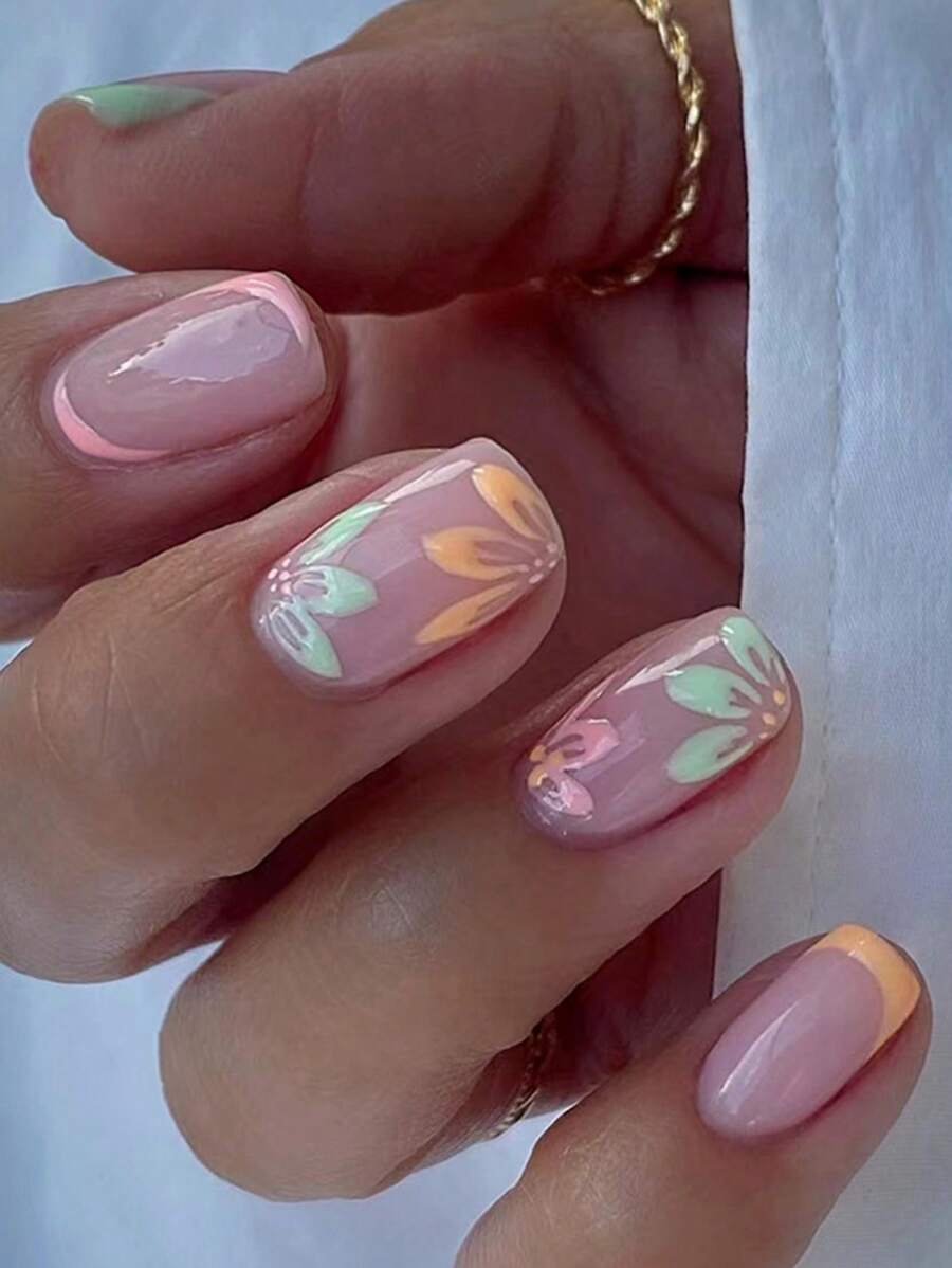 24pcs Medium Long Square False Nail Tips With Floral Painting In Pink ...