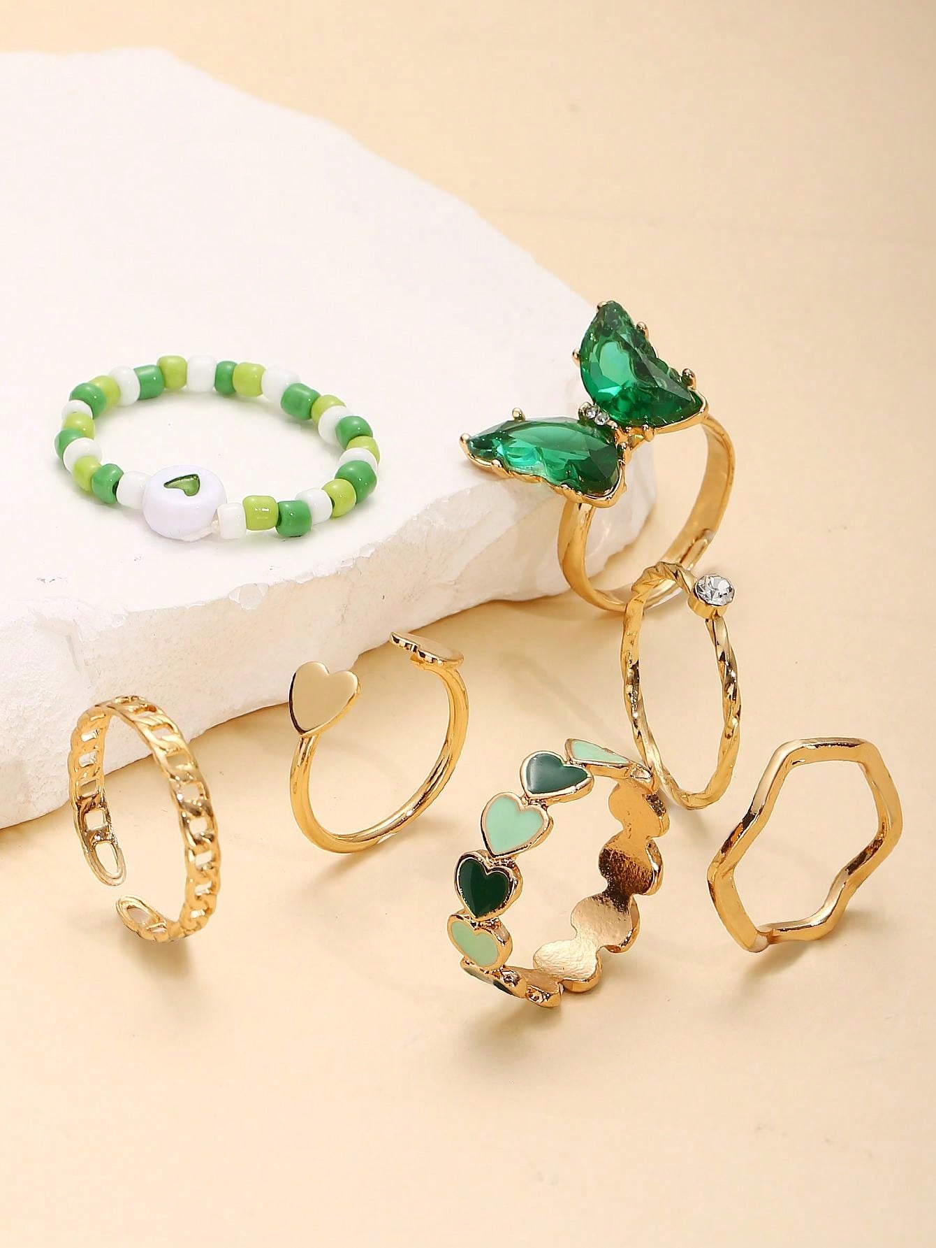 Women's Bohemian Ring 7-Piece Ring Set With Diamond Butterfly Joints ...