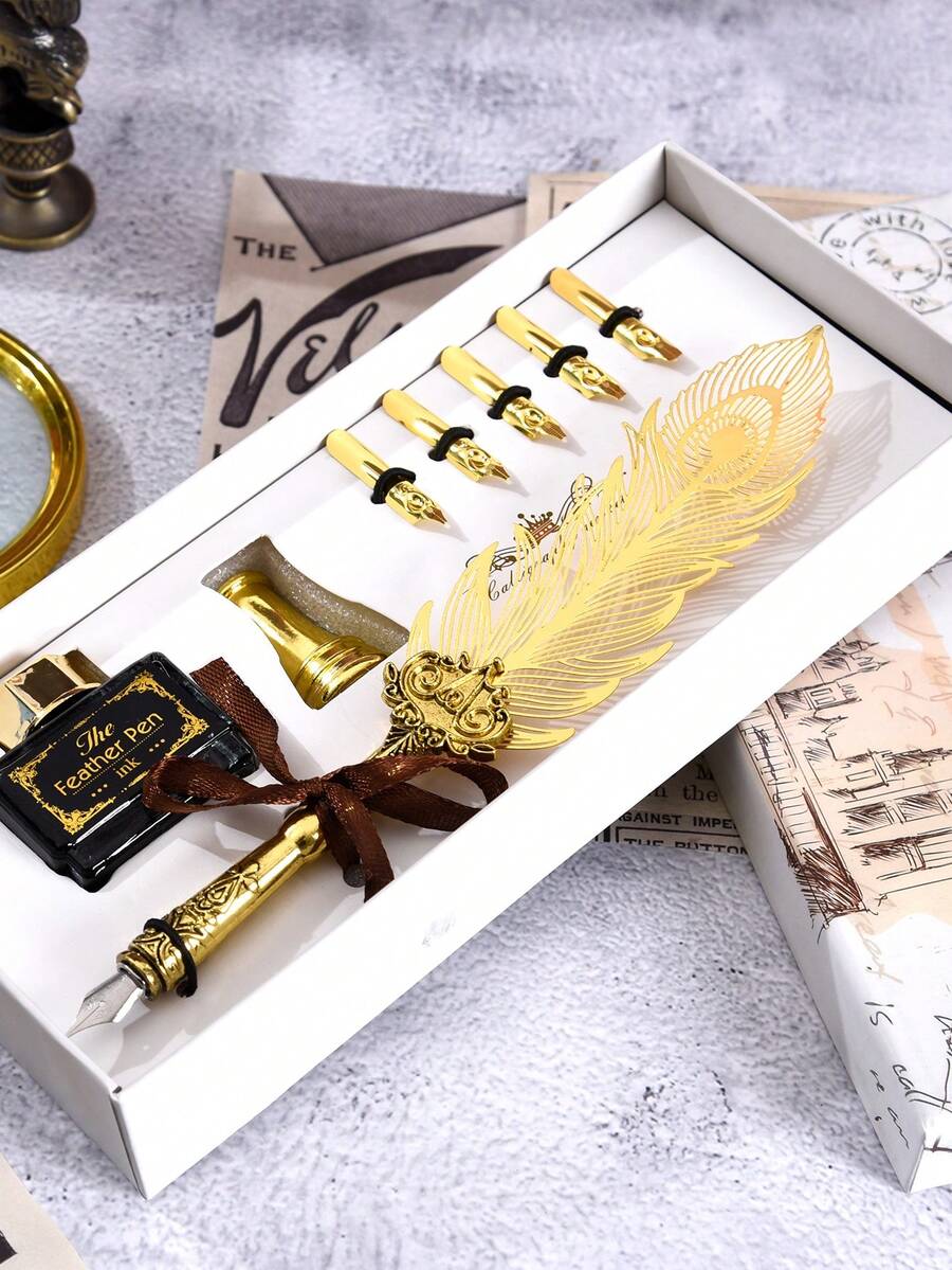 Peacock Blue European-Style Vintage Metallic Feather Pen Set, Including ...