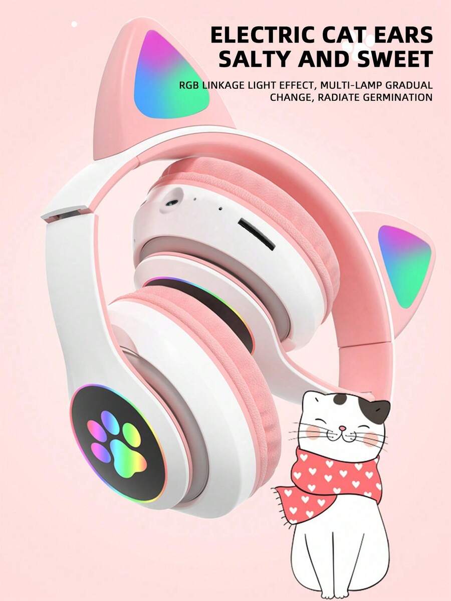 Flashing RGB Lighting Effects Cat Ears Wireless Headphones Long Lasting ...