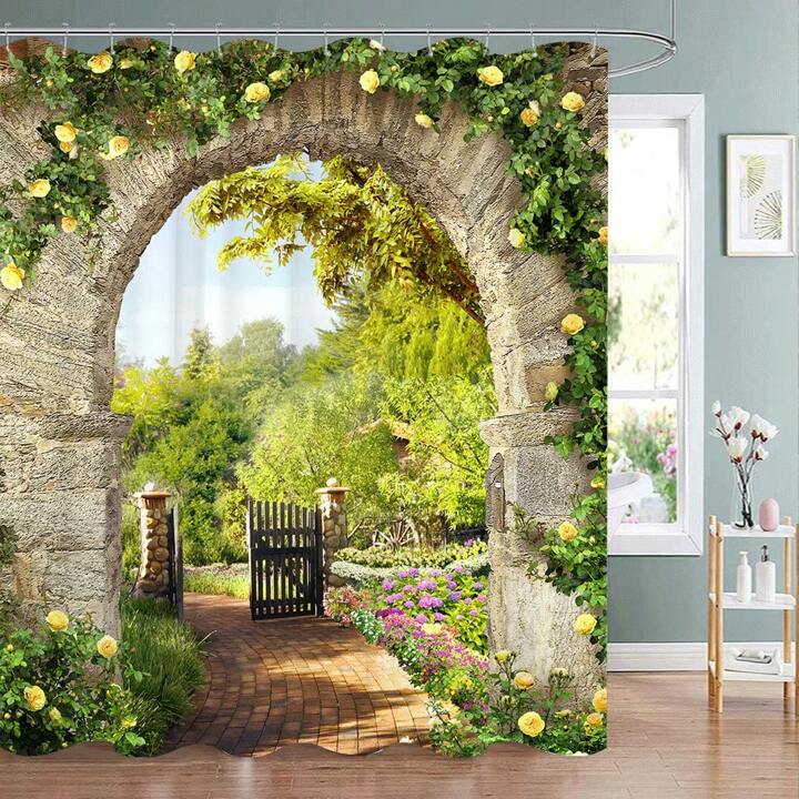 1pc Outdoor Garden Scenery Shower Curtain With Rustic Countryside Fence Wooden Door Ivy Greenery Florals Polyester Fabric. Easy To Clean Home Bathroom Decor With Hooks Other Accessories SHEIN