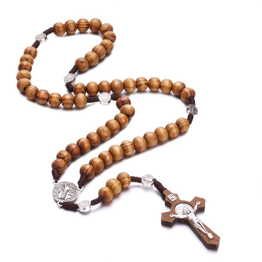 1pc Natural Wooden Beaded Jesus Cross St. Jude Virgin Mary Prayer Bead ...