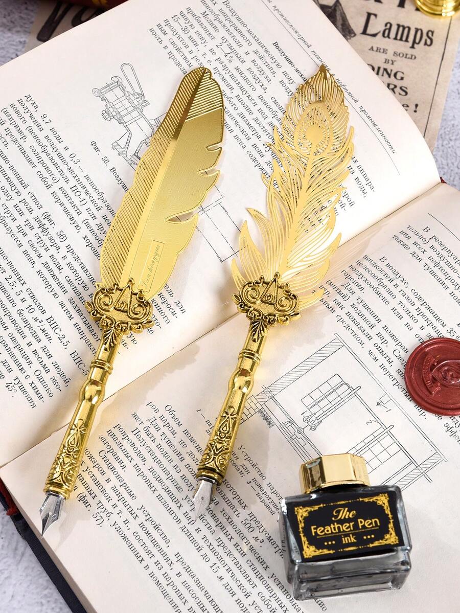 Peacock Blue European-Style Vintage Metallic Feather Pen Set, Including ...