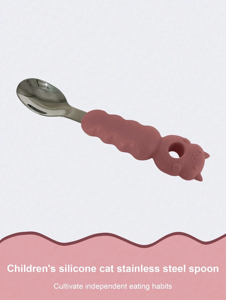 1pc Baby Anti-Scald Anti-Drop Silicone Handle Cat Design Stainless ...