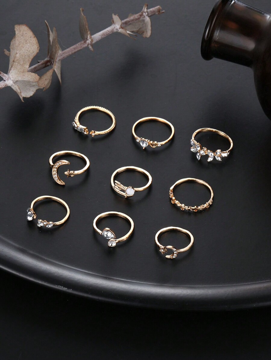 9pcs/Set European & American Style Crystal Ring Set With Heart, Butterfly, Star And Moon Designs ...