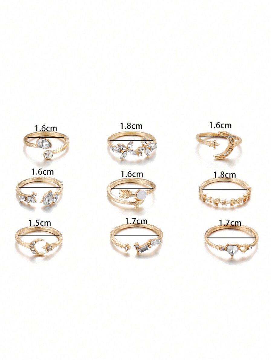 9pcs/Set European & American Style Crystal Ring Set With Heart, Butterfly, Star And Moon Designs ...
