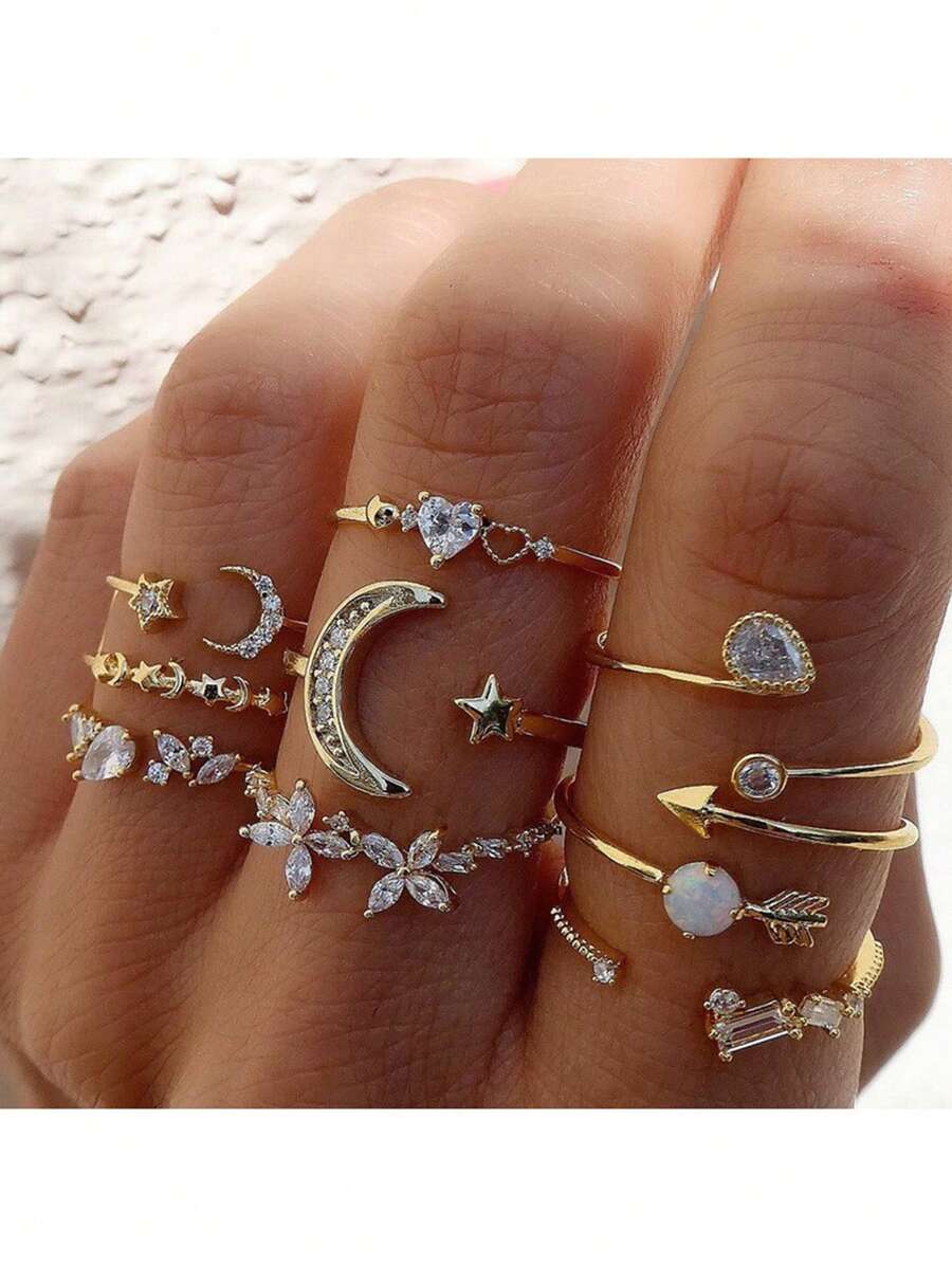 9pcs/Set European & American Style Crystal Ring Set With Heart ...