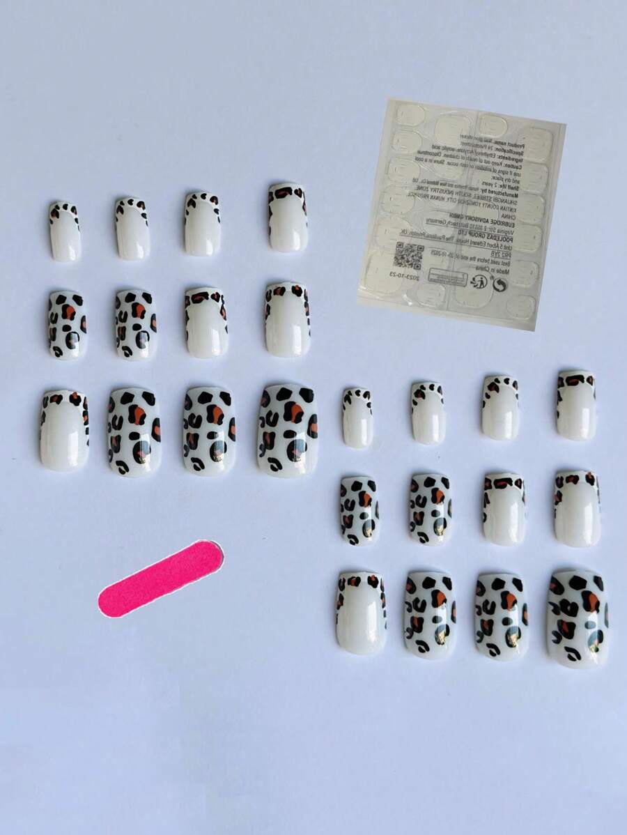 24 Medium Rectangular Pressed Nails, Cute, Leopard Print French ...