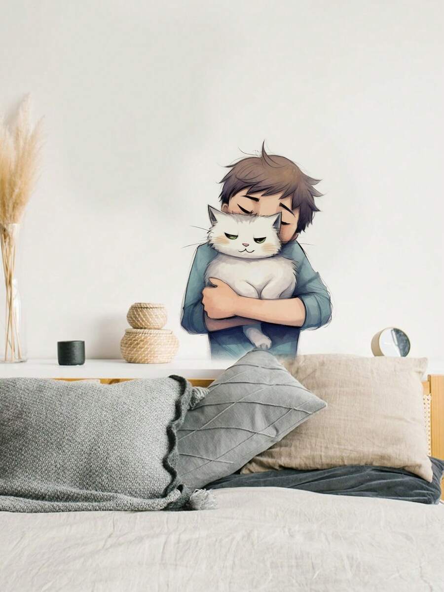 mama look מצויר קטן ילד מחבקים חתול מדבקת קיר ל חדר השינה סלון קישוטים ...