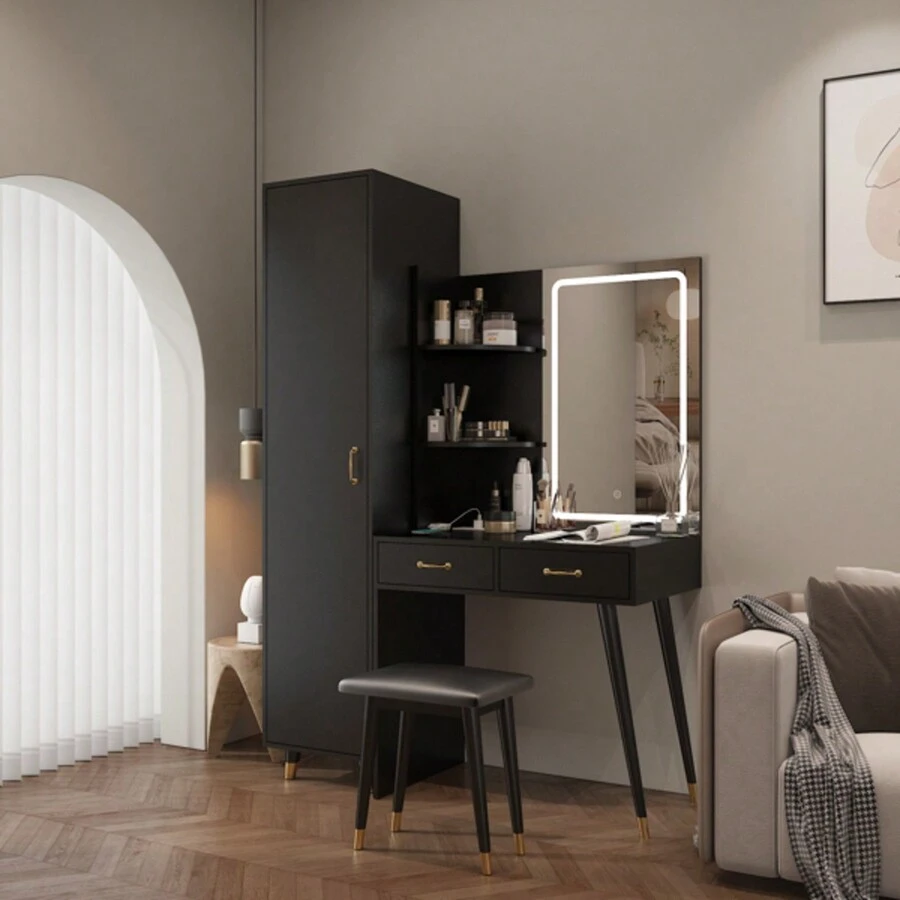 Makeup Vanity Table And Slim Armoire Wardrobe Set, Dressing Table With ...