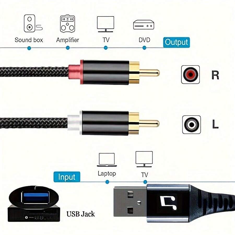 USB To 2-Male RCA Audio Aux Cable For PC Stereo Y Splitter Cord Jack ...