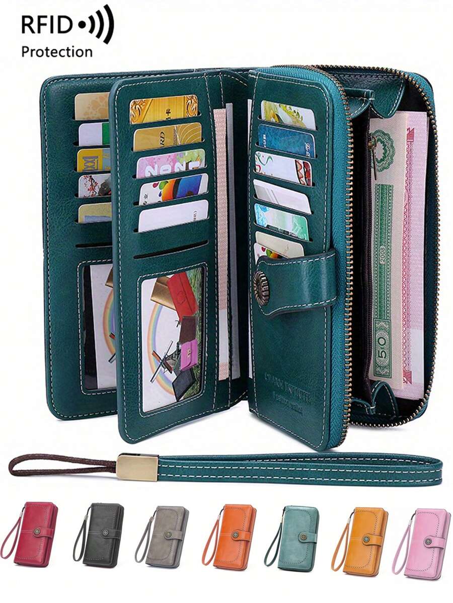 RFID Retro Large Capacity Solid Color Women's Multi-Functional Zipper ...