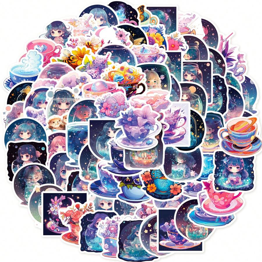 100pcs Aesthetic Stickers Pack, Spring Cartoon Starry Sky Girl Cup In ...