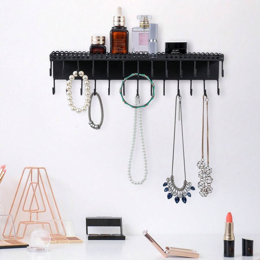 MyGift Wall Mounted Necklace Hanger, Black Metal Hanging Jewelry ...