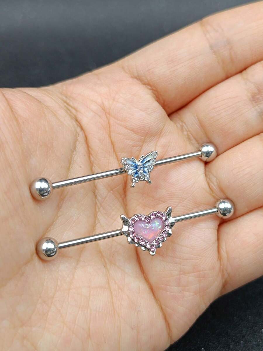 2pcs Industrial Piercing Bars 38mm Barbell Stainless Steel With Butterfly Heart Scaffold Ear ...