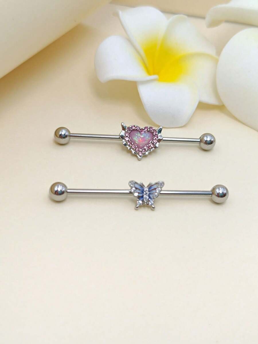 2pcs Industrial Piercing Bars 38mm Barbell Stainless Steel With Butterfly Heart Scaffold Ear ...