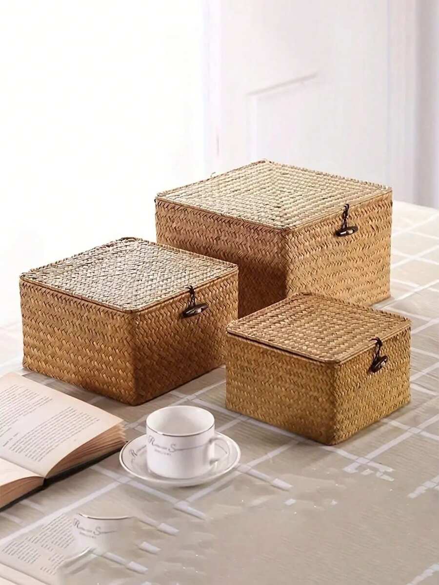 1pc Covered Woven Basket, Wicker Storage Box, Rectangle Storage Box ...