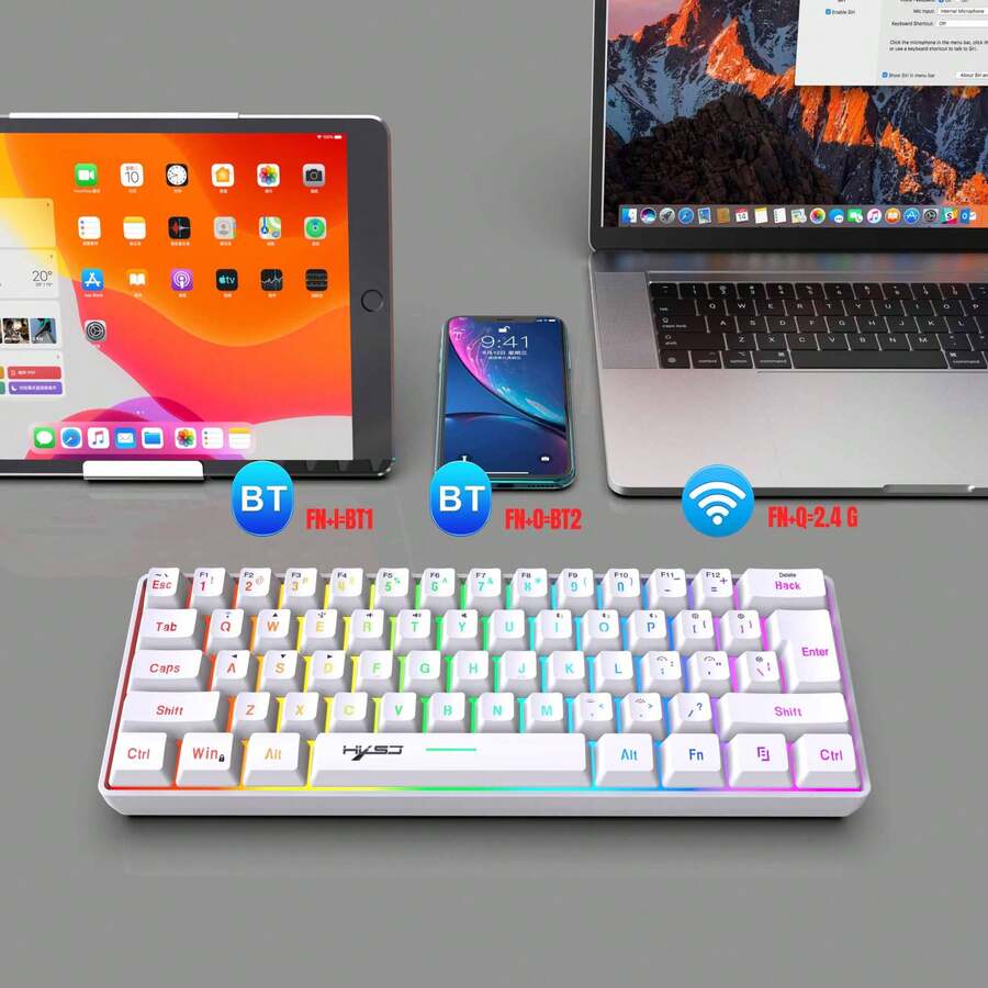 Wireless Gaming Keyboard, 61 Keys BT 5.0 + 2.4G Dual-Mode Wireless Rainbow Backlit Ergonomic ...