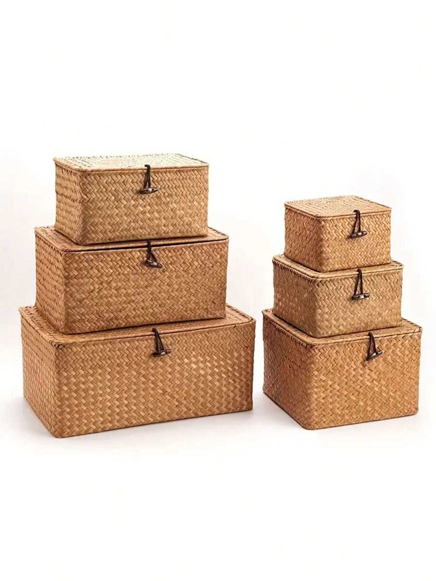 1pc Covered Woven Basket, Wicker Storage Box, Rectangle Storage Box ...
