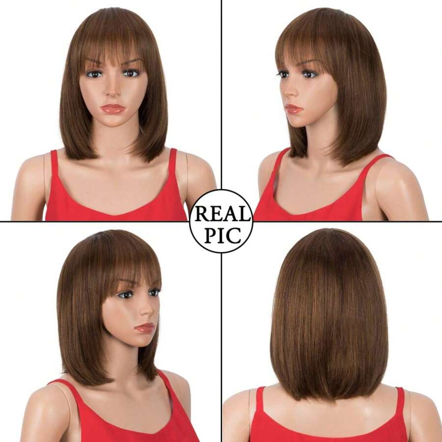 Short Straight Bob Wig With Thick Bangs Chocolate Brown Wigs For Women ...