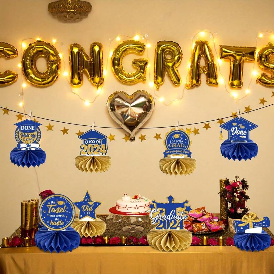 8Pcs Graduation Centerpieces For Tables 2024 Blue And Gold Honeycomb ...