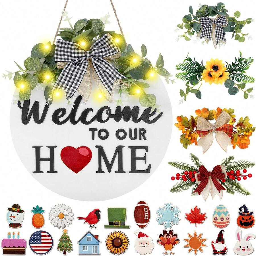 Interchangeable Welcome Home Sign, Front Door Decor With 4 Seasonal ...
