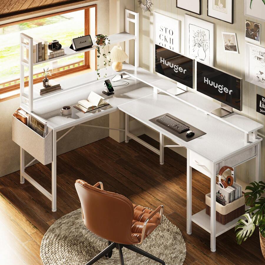 Huuger L Shaped Desk Gaming Desk With LED Lights & Power Outlets ...