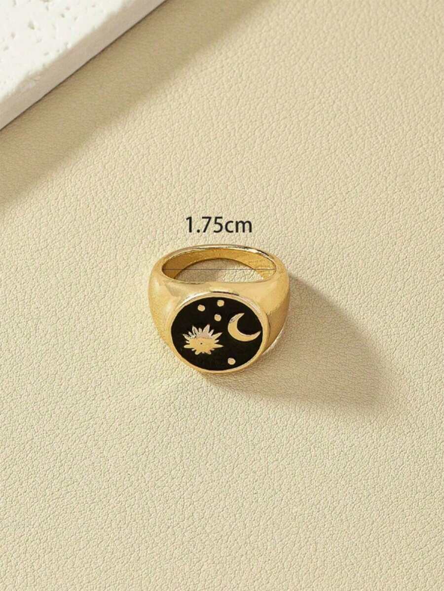 1pc Vintage Wide Face Ring With Star & Moon Design And Resin-Filled ...
