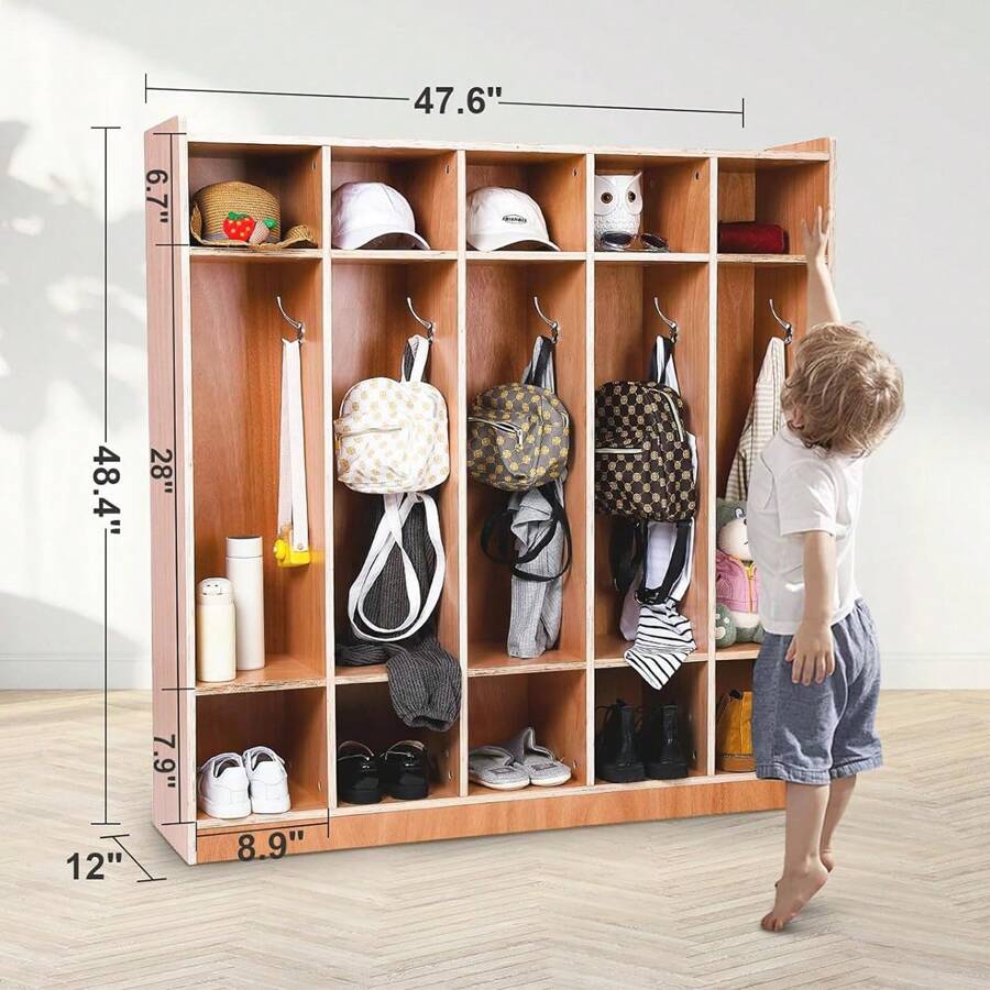 Classroom Coat Locker With 10 Cubbies, Glazed Finish, 4 Casters, Hooks ...