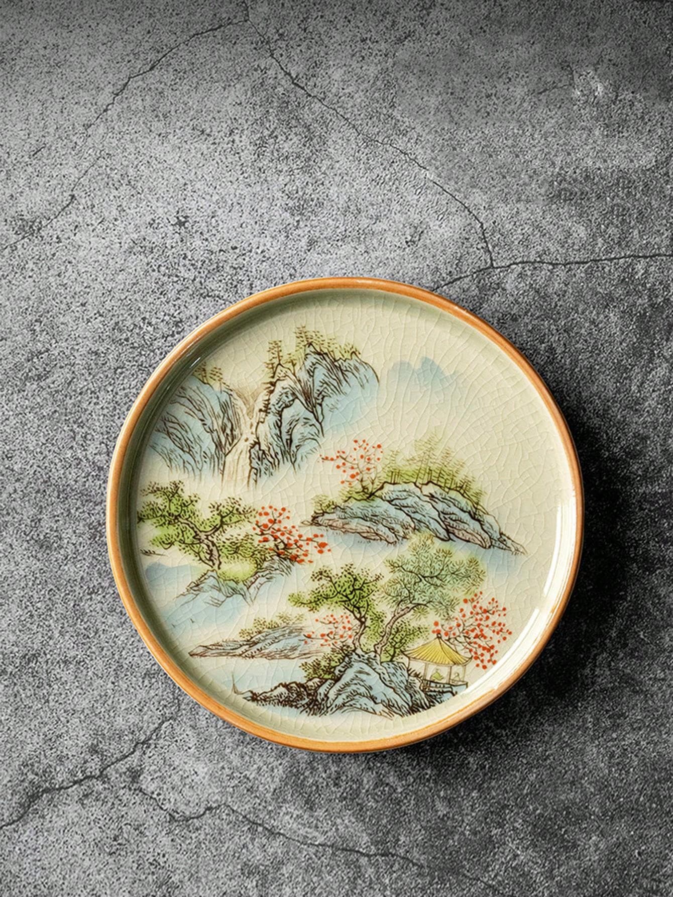 One Vintage Landscape Tea Cup Set With Lid And Saucer, Handmade Ceramic ...