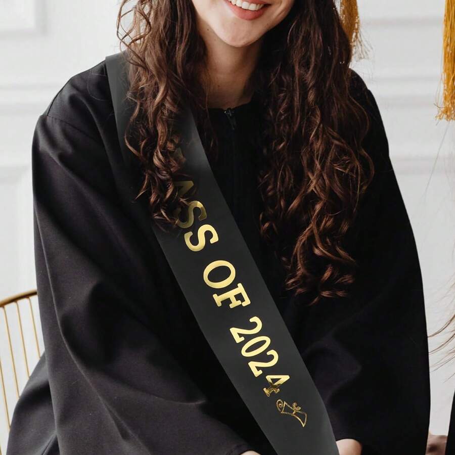 10pcs Black Senior 2024 Satin Sash With Gold Printing Letters - Finally ...