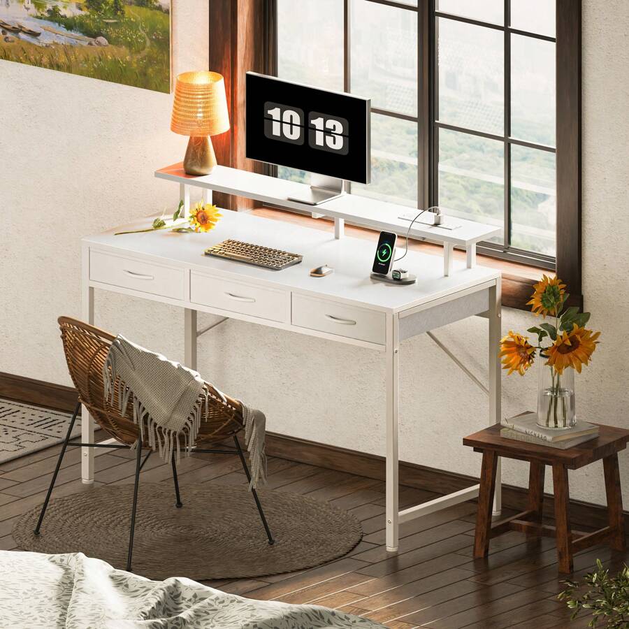 Huuger 47 Inch Computer Desk With 3 Drawers, LED Lights & Power Outlets ...