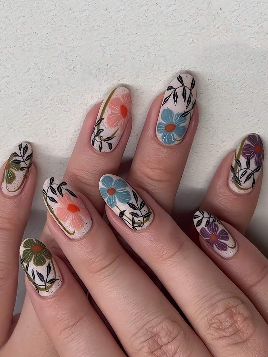 24pcs Retro Frosted Medium Long Round Head Fresh Floral Almond Nails ...