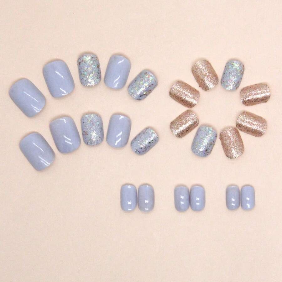 A Set Of 24 Short Simple Solid Color Sky Blue Fresh Glitter Wear Nail ...